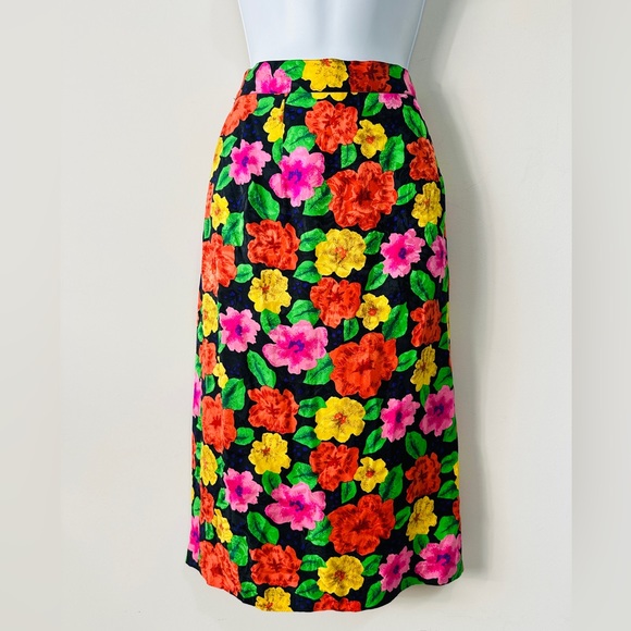 Vintage | Skirts | Vintage Multicolor Vibrant Floral Print Silk Midi ...